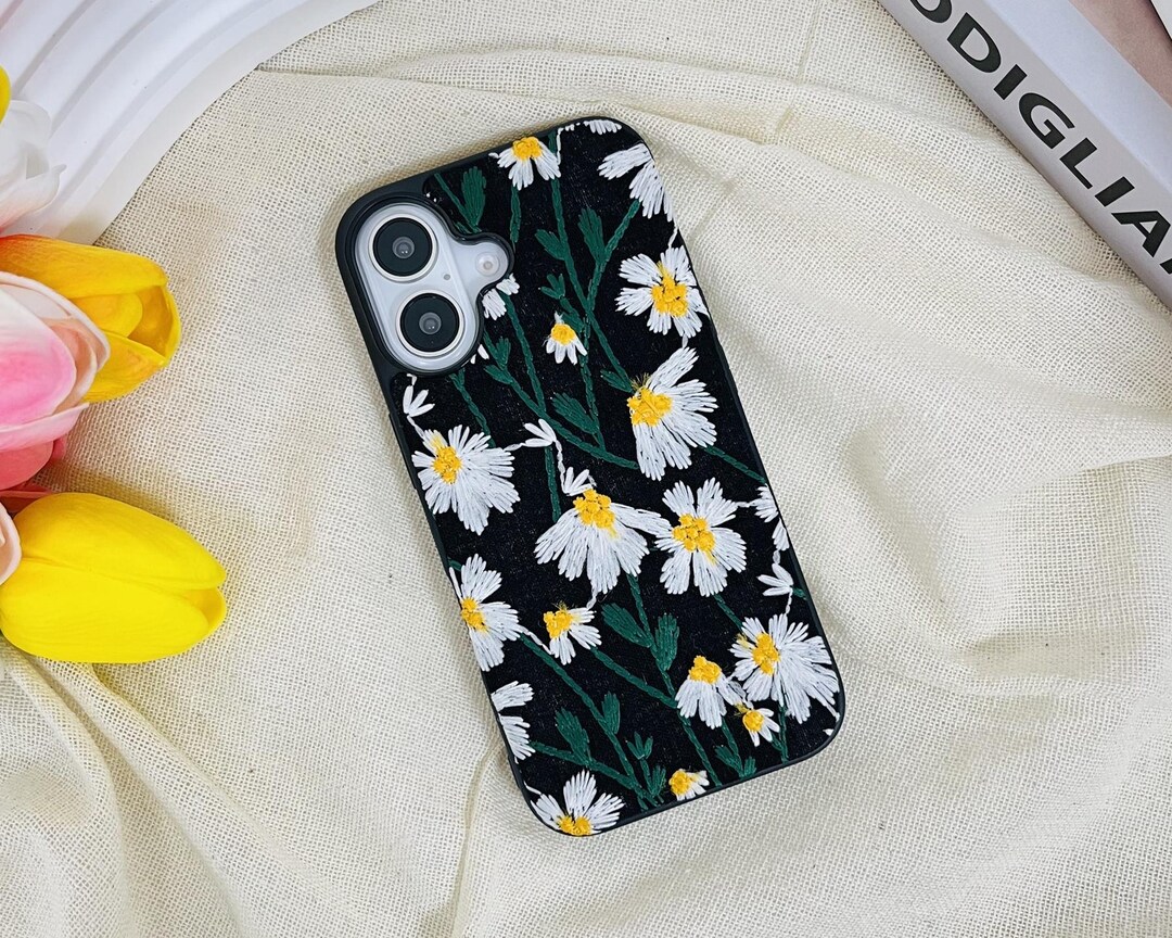 Embroidered White Daisy Black Fabric Phone Case for iPhone 17 Pro Max ...