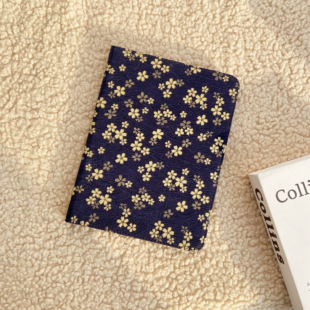 Retro Dark Blue Fabric Golden Sakura Fabric iPad Case,auto Sleep/wake ...