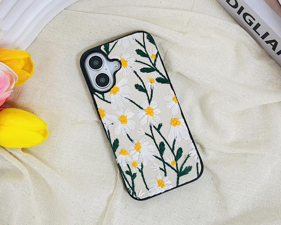 Embroidered White Daisy Beige Fabric Phone Case for iPhone 17 Pro Max ...