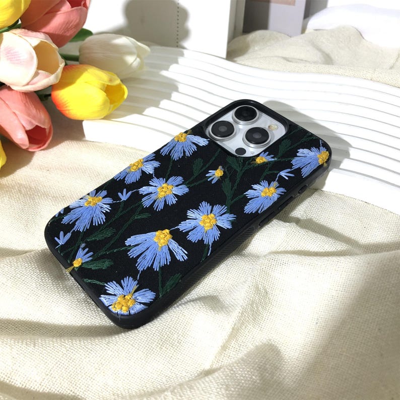 Embroidered Blue Daisy Black Fabric Phone Case for Google Pixel 10 Pro ...