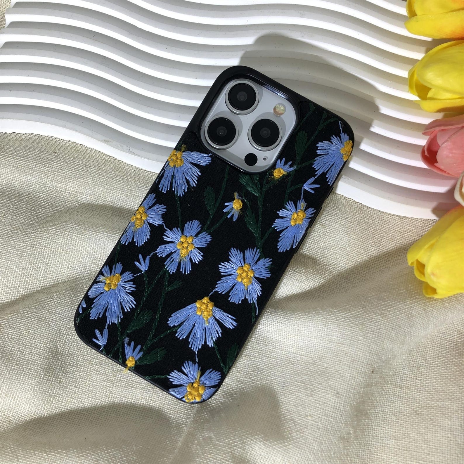 Embroidered Blue Daisy Black Fabric Phone Case for Google Pixel 10 Pro ...