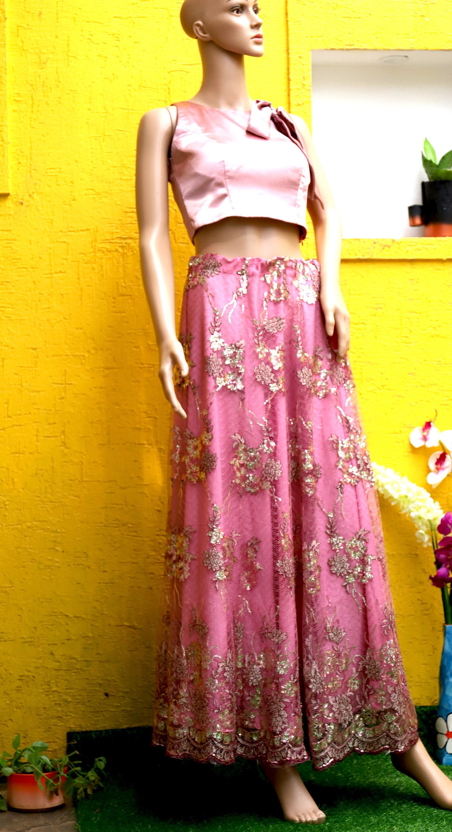 A Pink Long Flared Embroidered Net Skirt / Lehenga With Satin - Etsy