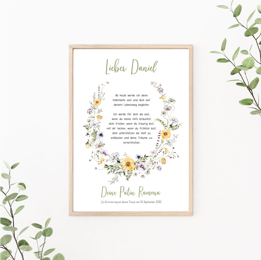 Carta de padrino flores, certificado de padrino personalizable, regalo de bautismo para ahijado ...
