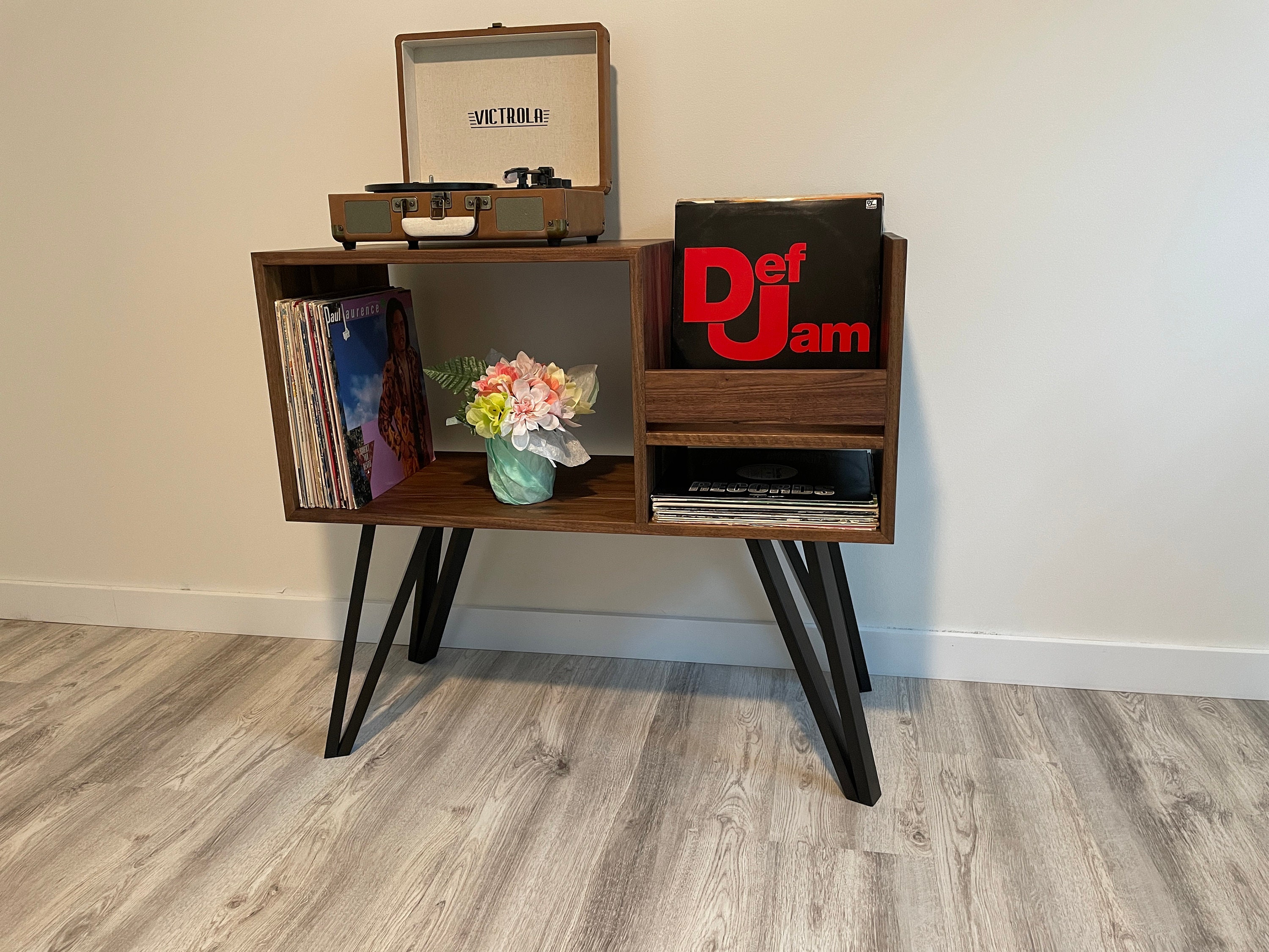 Solid Walnut Record Player Stand - Front Facing Record Storage - Vinyl ...