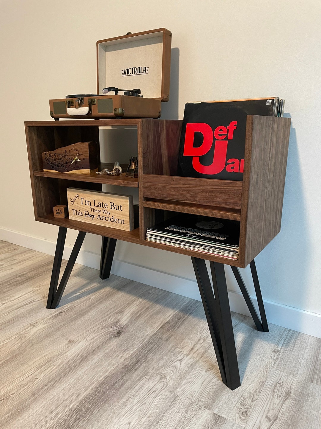 Solid Walnut Record Player Stand - Front Facing Record Storage - Vinyl ...