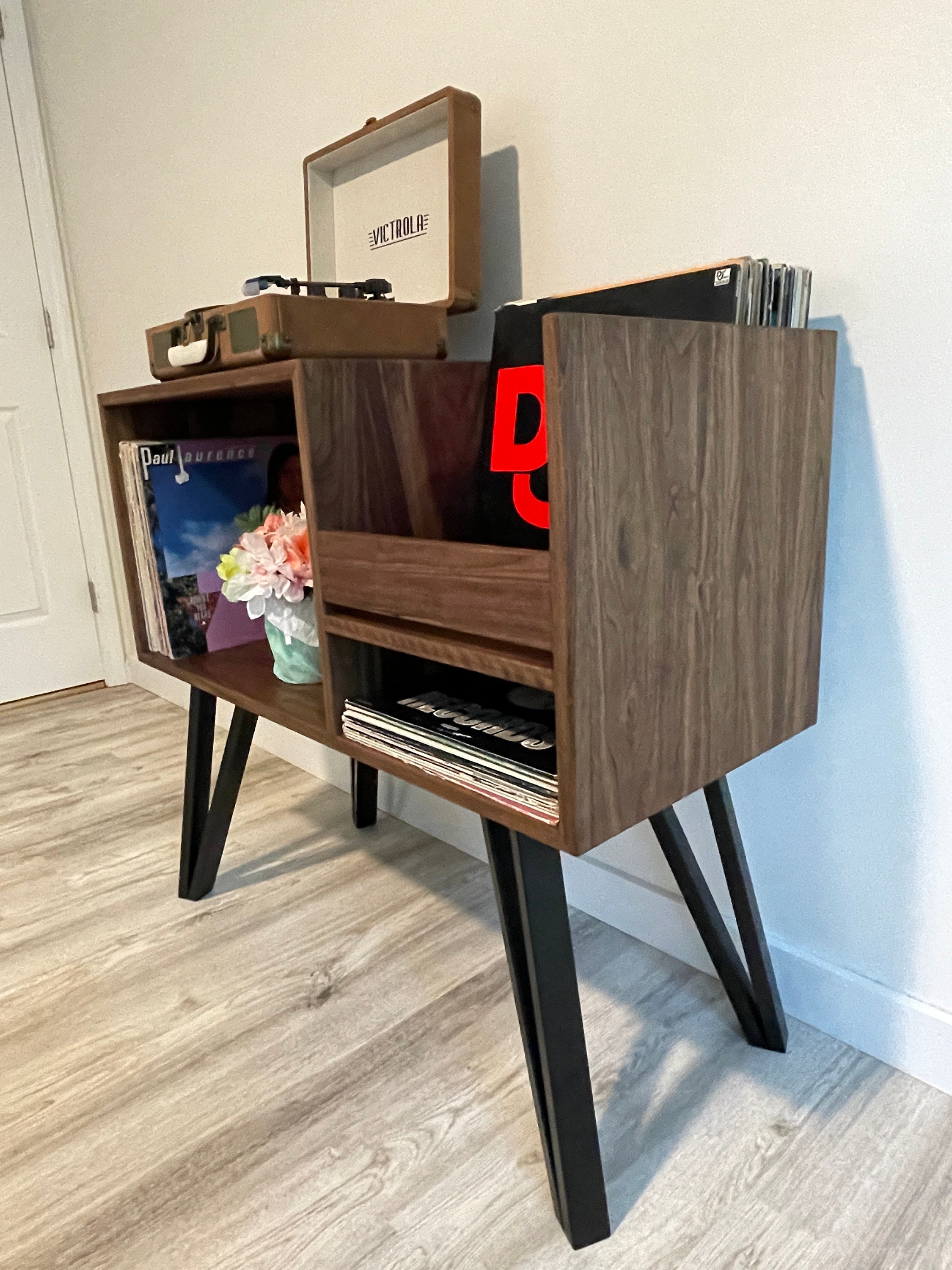 Solid Walnut Record Player Stand - Front Facing Record Storage - Vinyl ...