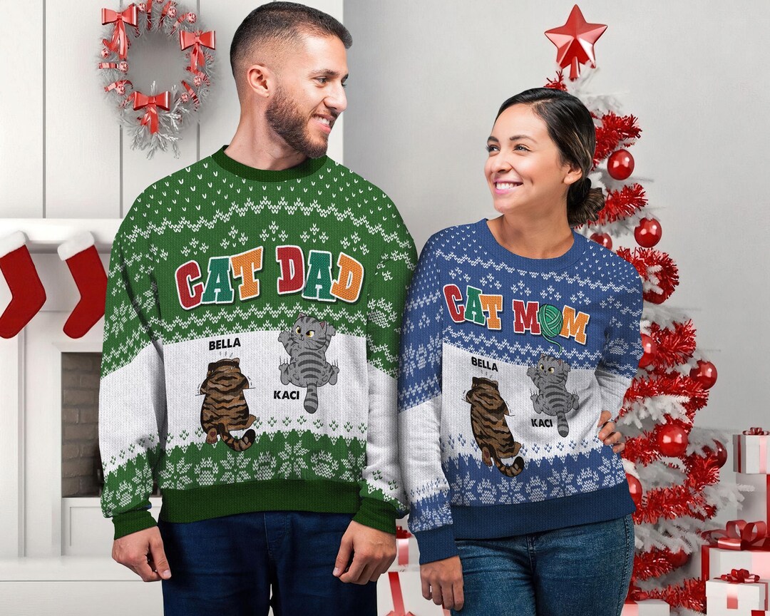 His and Hers Cat Sweaters, Couples Matching Christmas Sweaters, Cat Mom ...