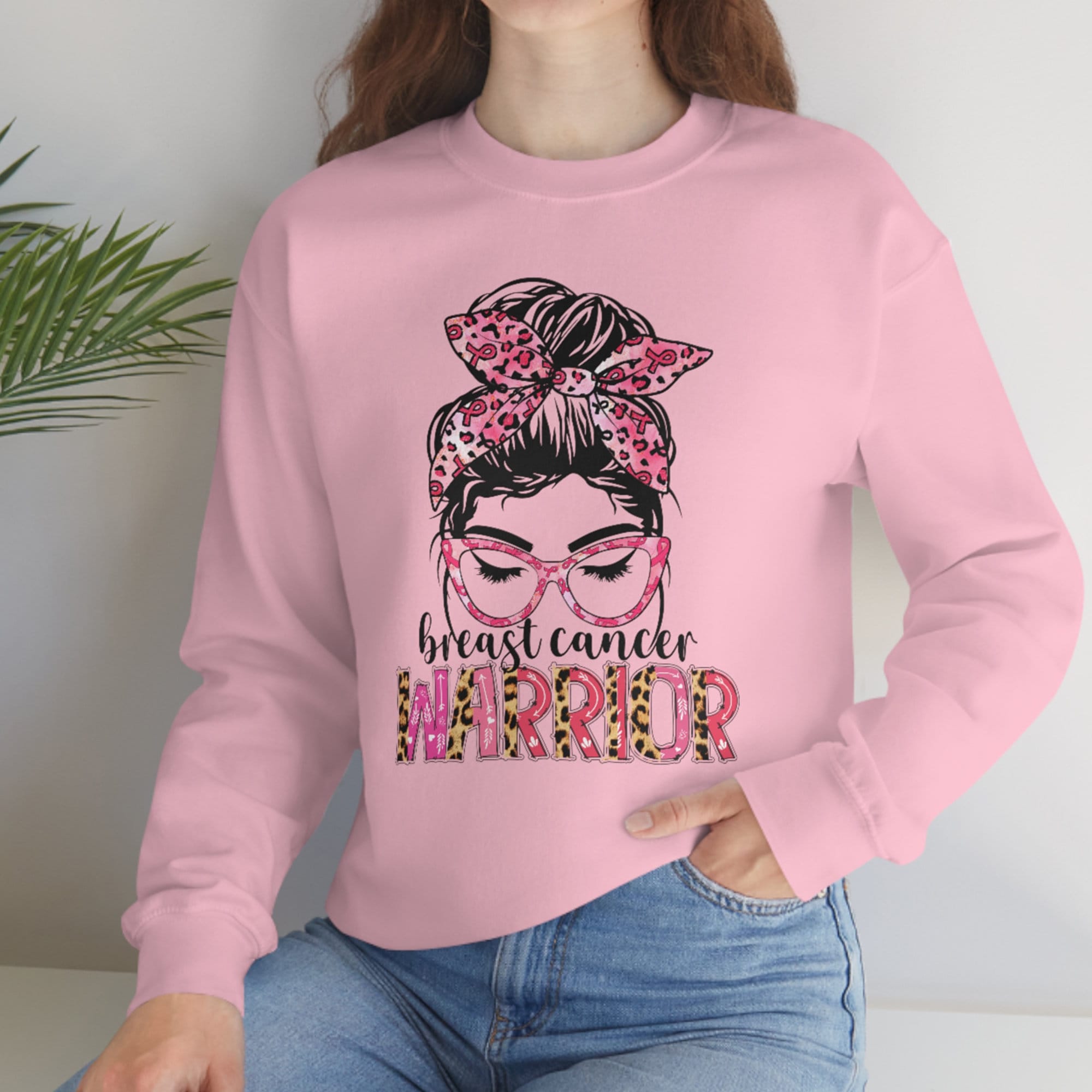 Breast Cancer Awareness Sweatshirt, Breast Cancer Warrior Messy Bun