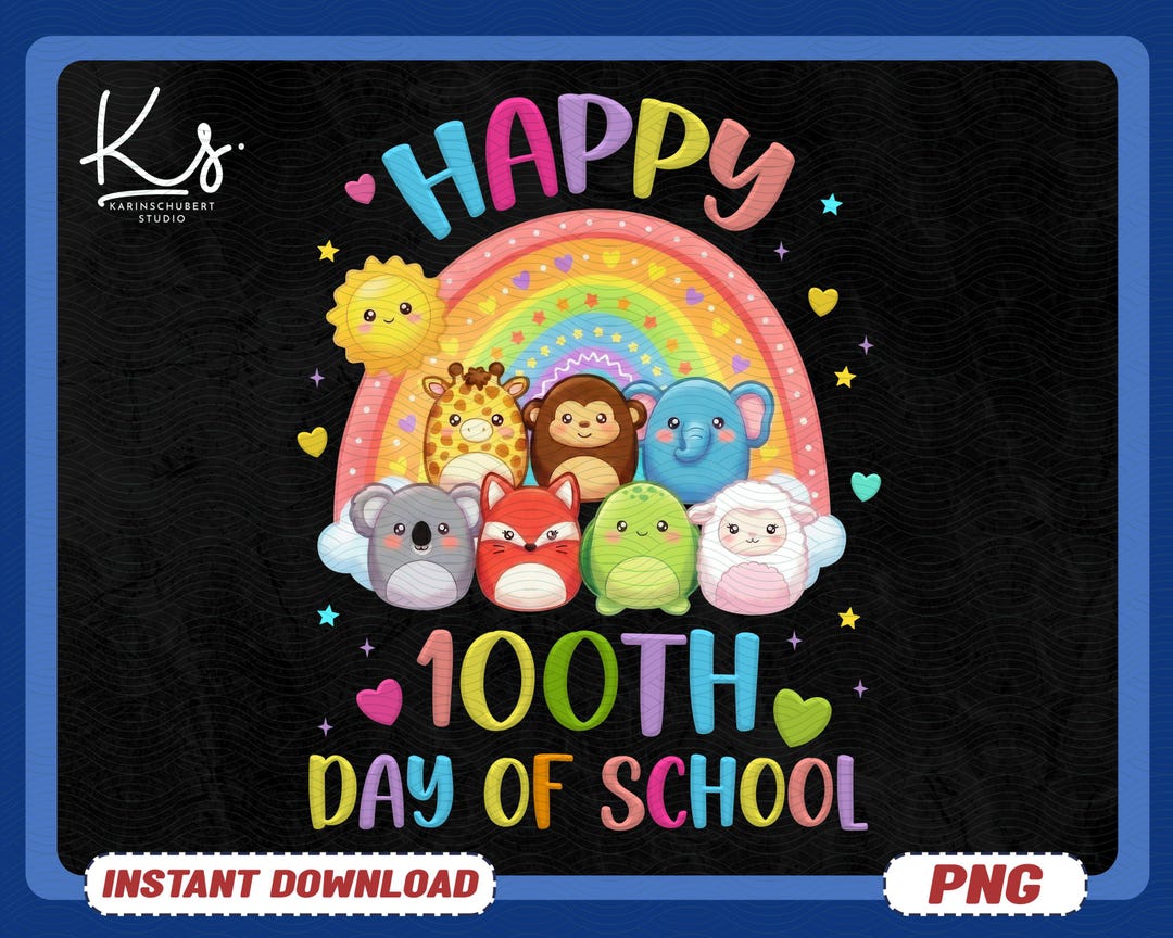 Happy 100th Day of School PNG, Cute Rainbow Animals PNG, Kids School ...