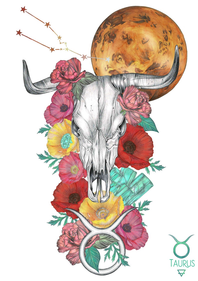 Taurus Bull Skull Zodiac Print | Etsy
