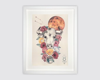 Taurus Bull Skull Zodiac Print | Etsy