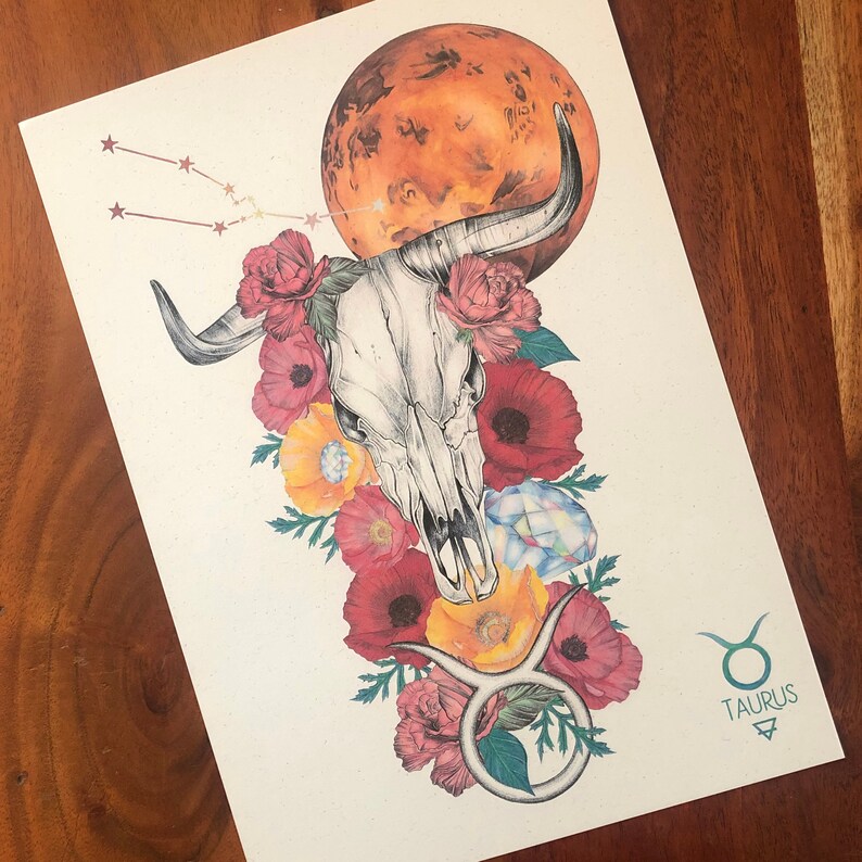 Taurus Bull Skull Zodiac Print | Etsy