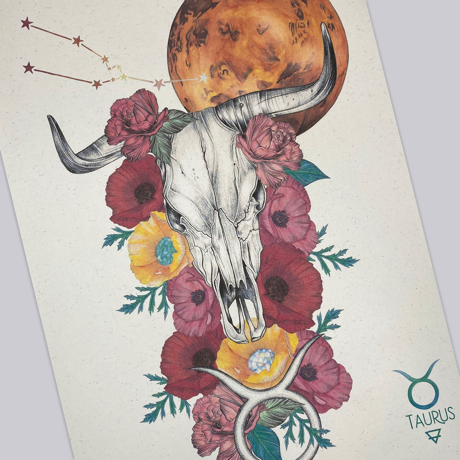 Taurus Bull Skull Zodiac Print - Etsy