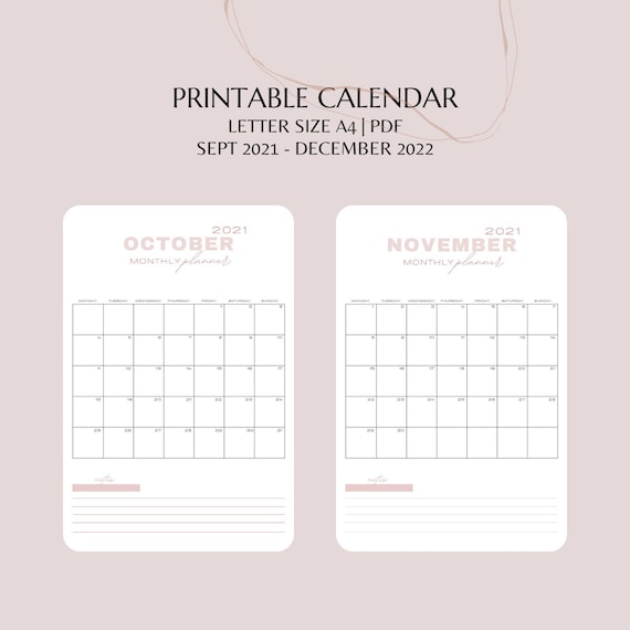 Printable Calendar L September 2021 December 2022 L A4 Letter Size L Digital Download Etsy
