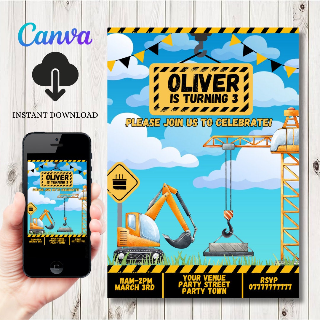 INSTANT DOWNLOAD Construction Birthday Invitation Digger Party Invite ...