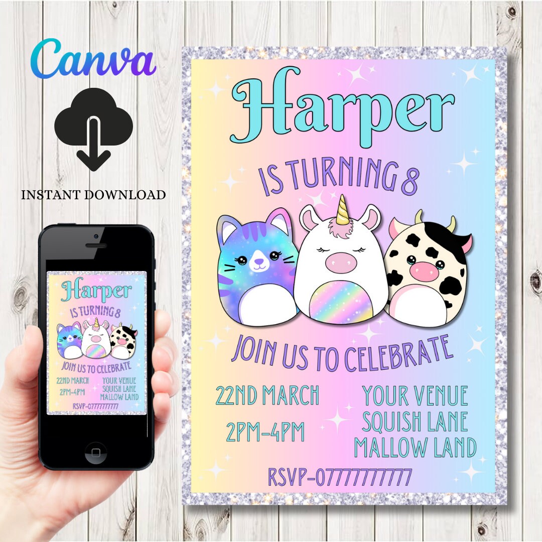 INSTANT DOWNLOAD Squishmallow Birthday Invitation Squishmallow Invite ...