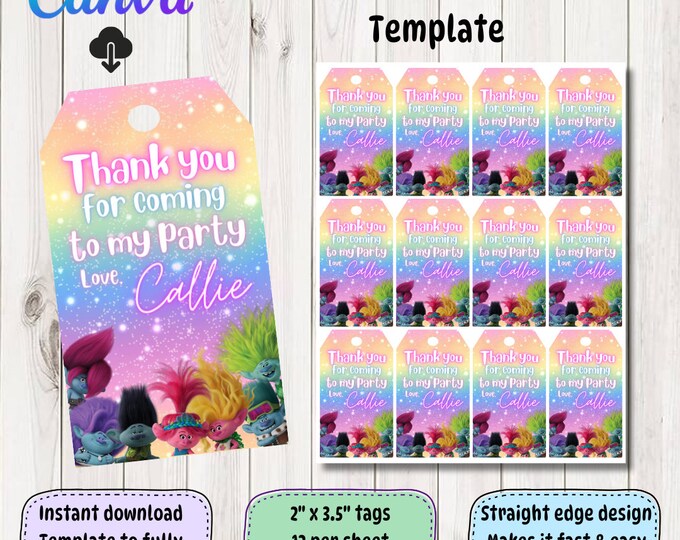 Princess Poppy, Trolls Birthday Thank You Tags Party Favor Trolls ...