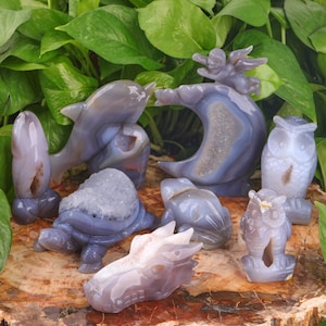 Large Raw Gemstone Carved Crystal Animals Figurines Gray Agate Geode ...