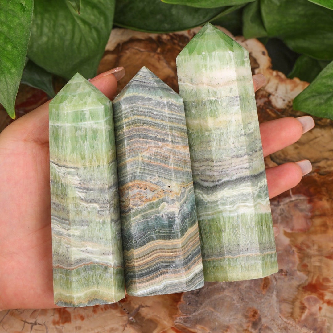 3-4" Green Garnet Obelisk Point Tower Rainbow Fluorite Crystal Wand ...