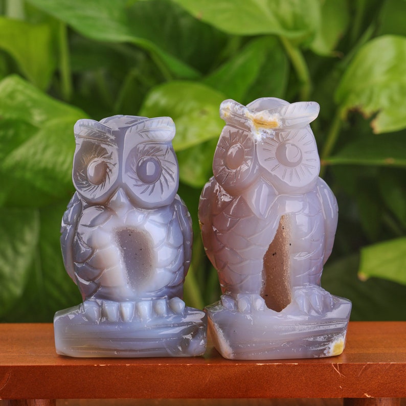 Gemstone Owl Carved Crystal Animals Figurines Gray Agate Geode Animal ...