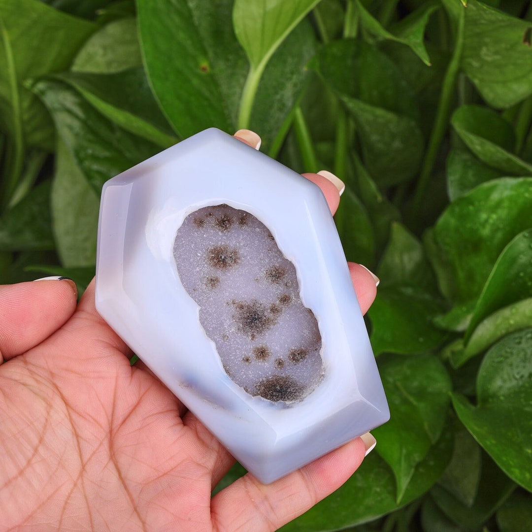 Gemstone Coffin Board Carved Crystal Figurines Gray Agate Geode Shaped ...