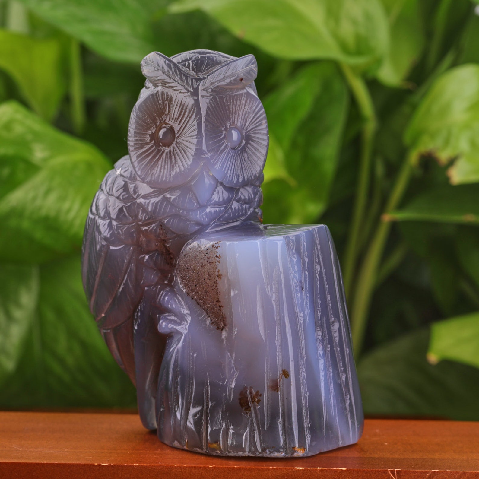 Gemstone Owl Carved Crystal Animals Figurines Gray Agate Geode Animal ...