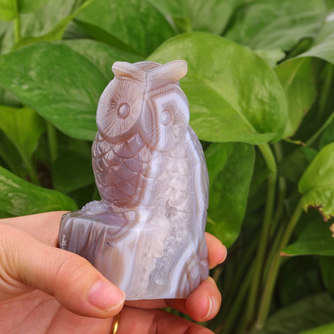 Gemstone Owl Carved Crystal Animals Figurines Gray Agate Geode Animal ...