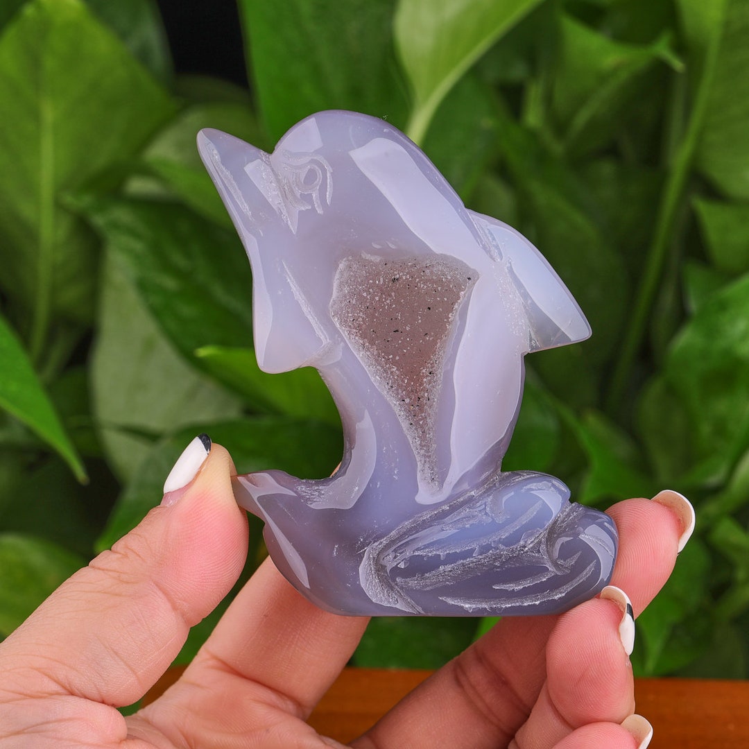 Gemstone Dolphin Carved Crystal Figurines Gray Agate Geode Shaped ...