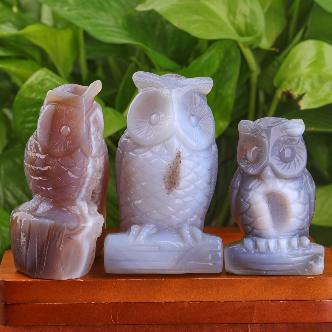 Gemstone Owl Carved Crystal Animals Figurines Gray Agate Geode Animal ...