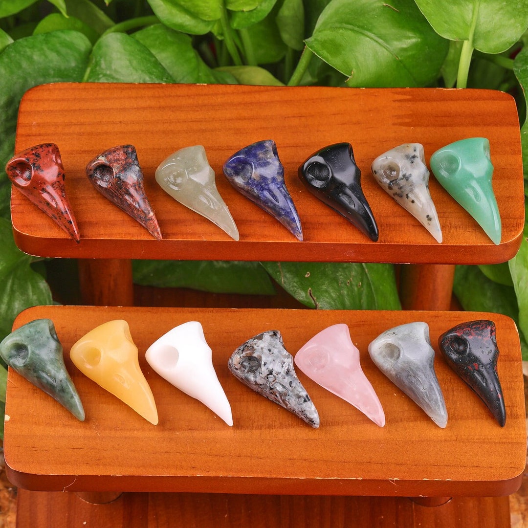 1.6" Crystal Raven Skull Natural Rose Quartz Gemstone Carving Agate ...