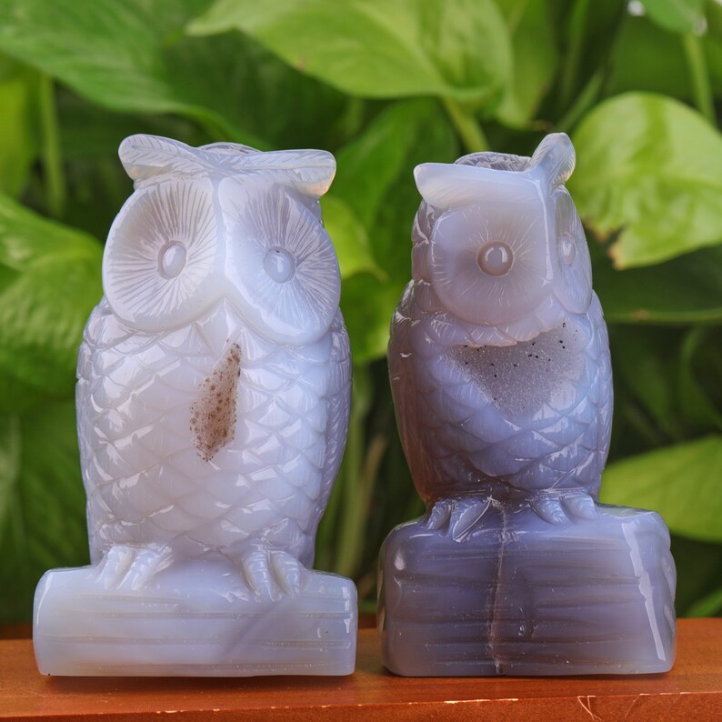 Gemstone Owl Carved Crystal Animals Figurines Gray Agate Geode Animal ...