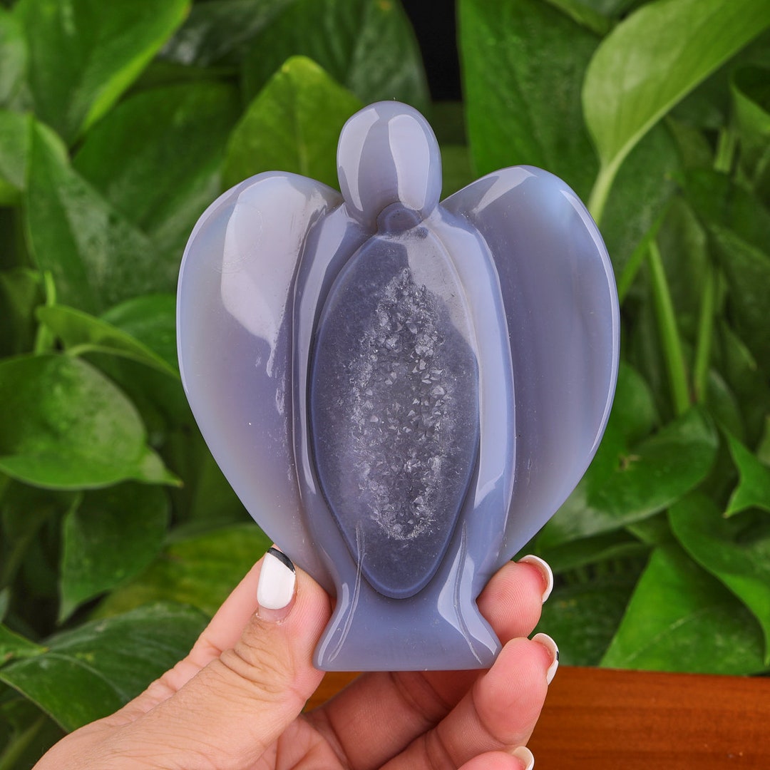 Gemstone Angel Carved Crystal Figurines Gray Agate Geode Chakra Stone ...