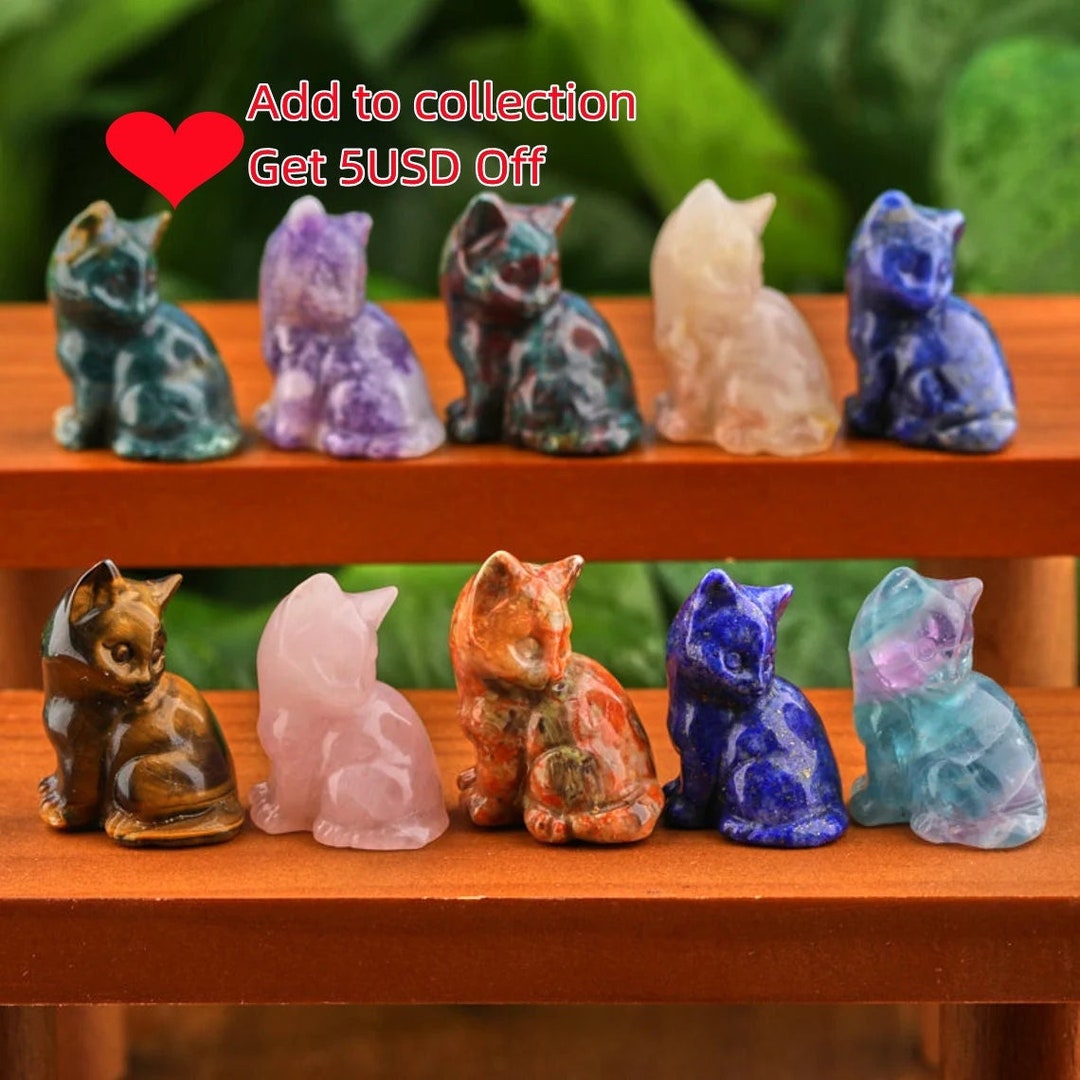 1.3" Natural Gemstone Carved Cat Figurine Crystal Cat Status Carved ...