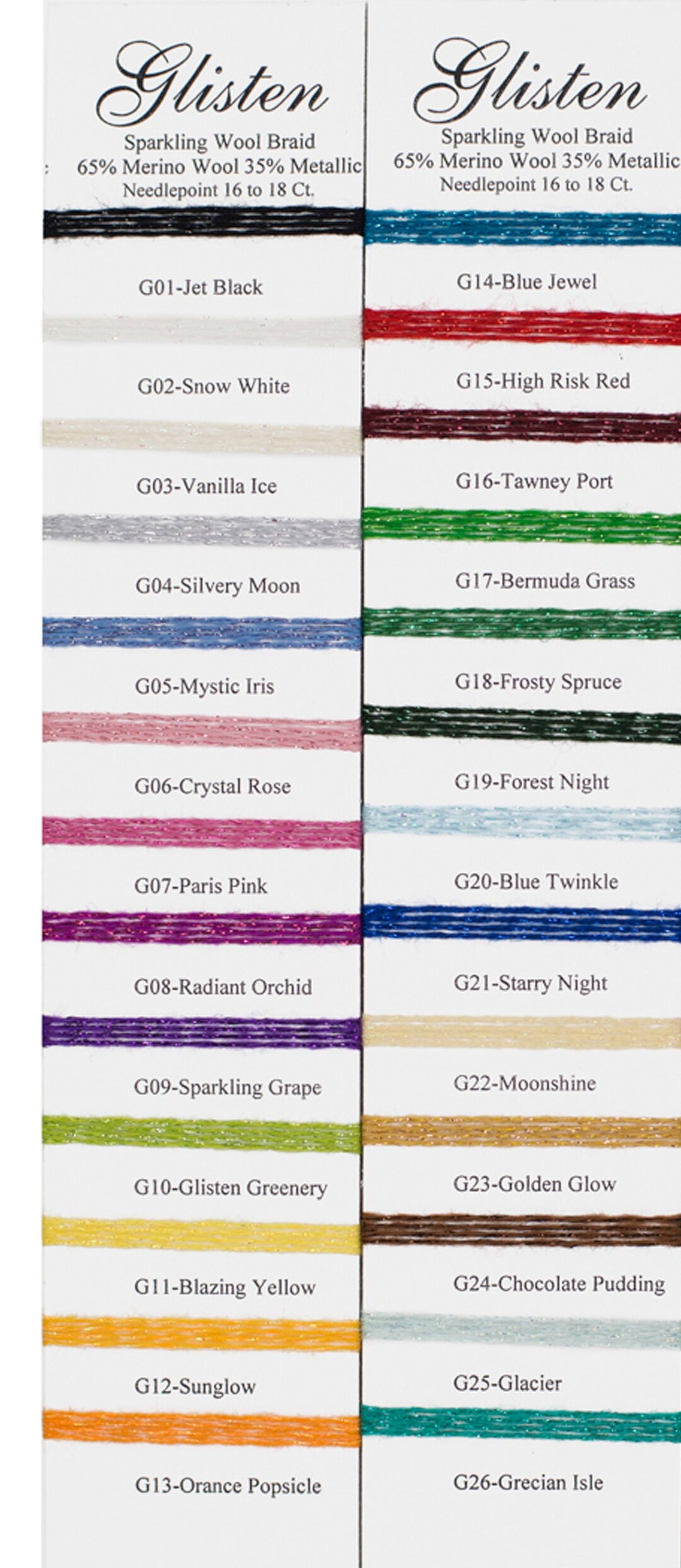 GLISTEN G01 G26 Please See Color Card Range Below by Rainbow Gallery - Etsy