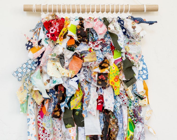 Vintage Fabric Scraps, Woven Wall Hanging, Fringed Weave, Recycled ...