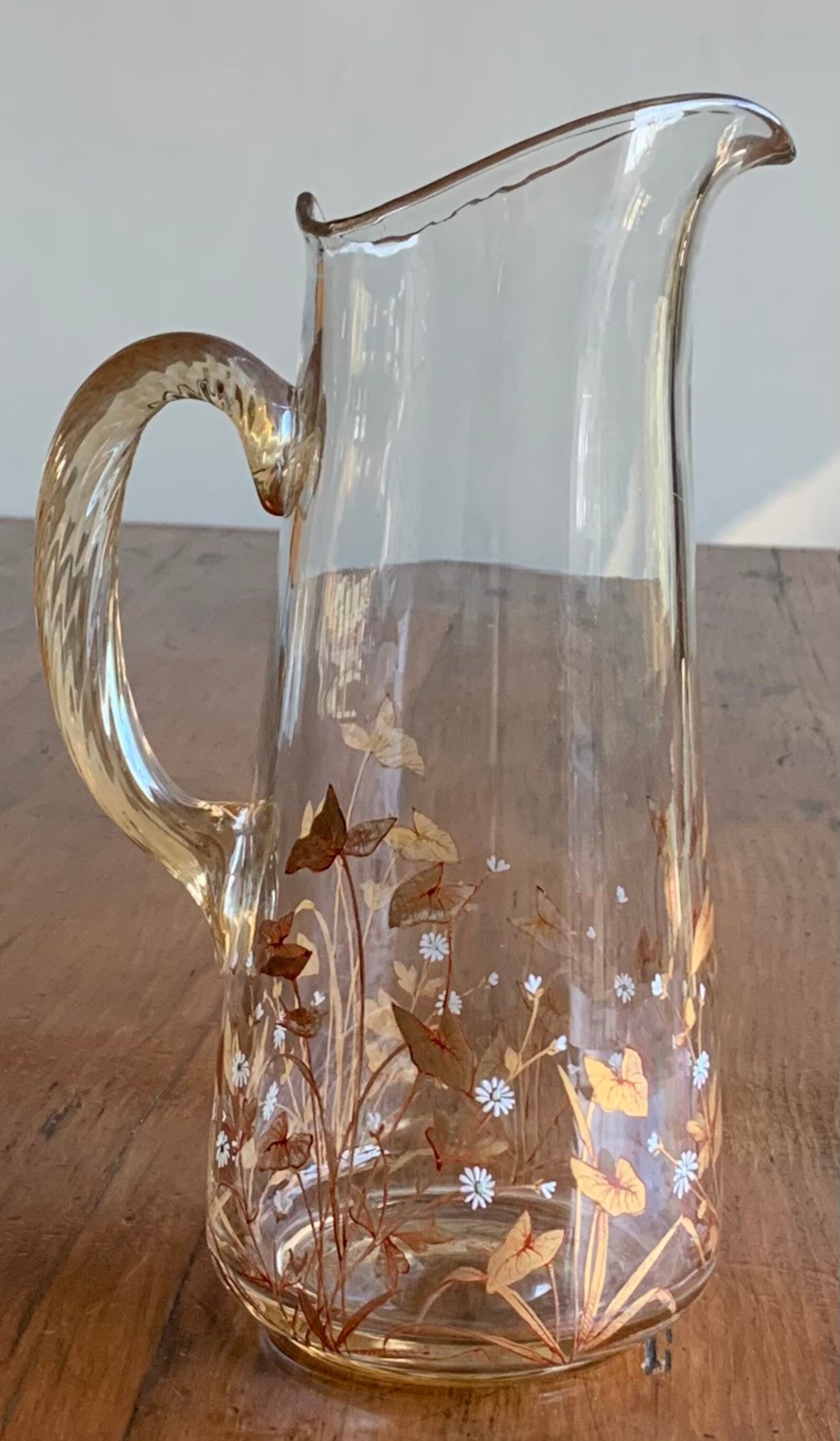 Hand Blown Tall Enameled Clear Glass Pitcher Antique Hand | Etsy