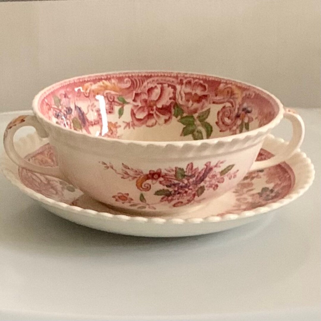 Johnson Brothers Devonshire Red Flat Cream Double Handle Soup Bowls Set ...