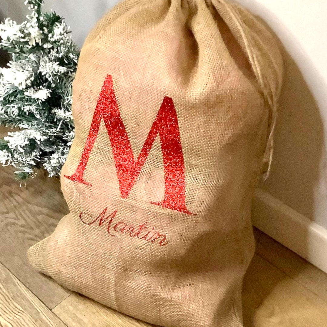 Personalised Christmas Present Sack, Large Custom Hessian Red Glitter ...