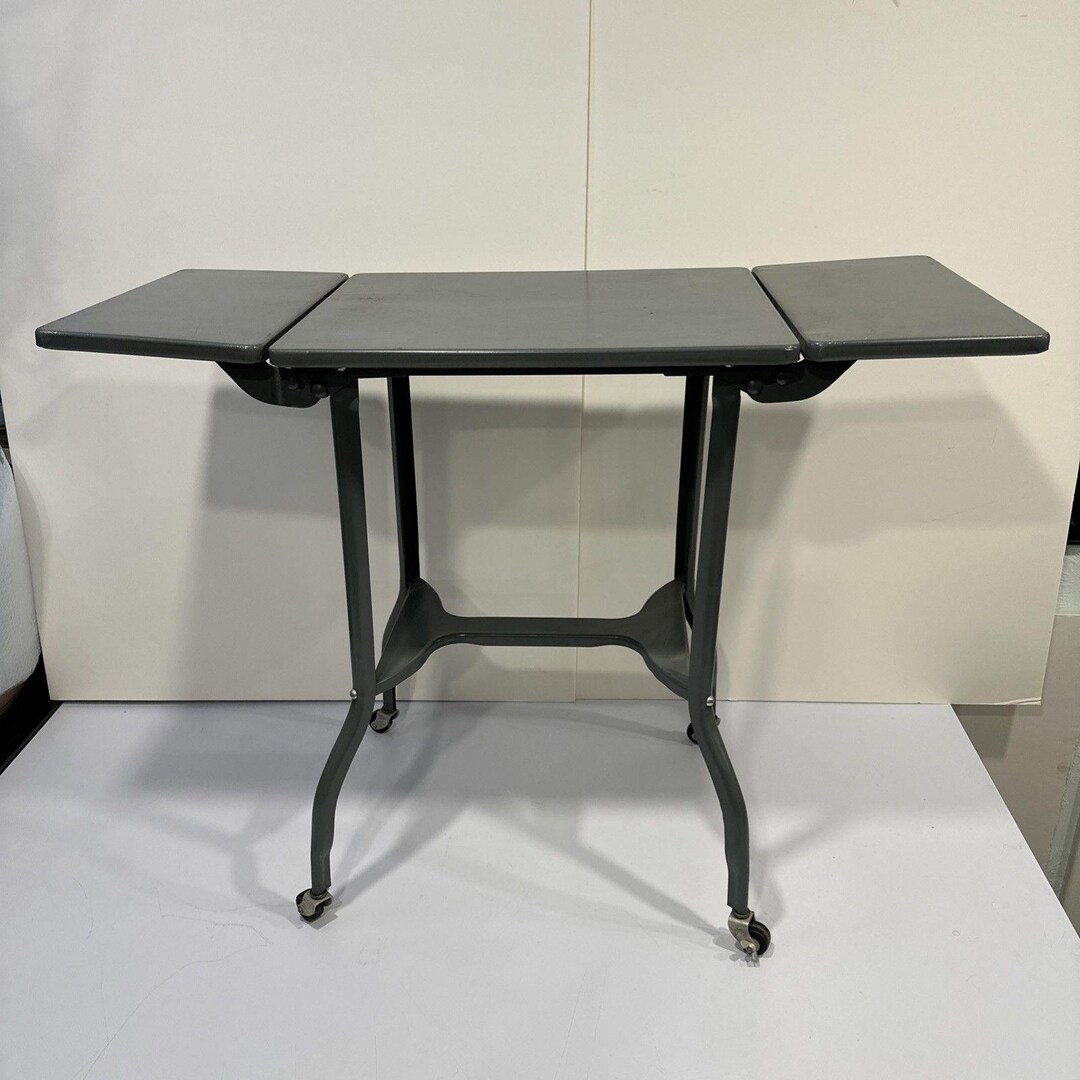 Vintage Metal Typewriter Table Stand Drop Leaf Rolling Industrial Gray ...