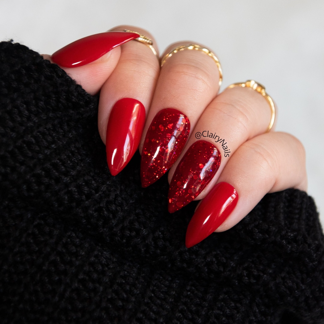 Press on Nails Scarlet Sparkle Red Glitters Christmas Nails Reusable ...