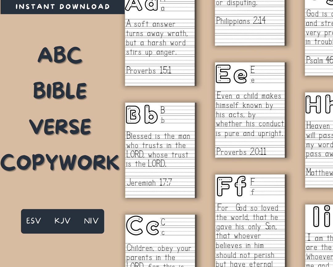 ABC Bible Verse Copywork, Alphabet Tracing Worksheets, Scripture ...