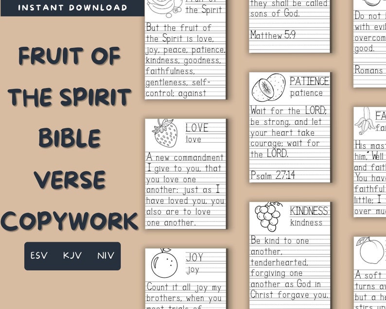 Fruit of the Spirit Bible Verse Copywork, Fruit of the Spirit Tracing ...