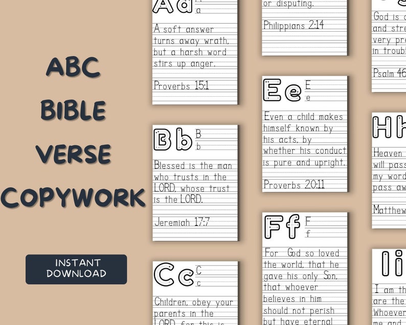 ABC Bible Verse Copywork, Alphabet Tracing Worksheets, Scripture ...