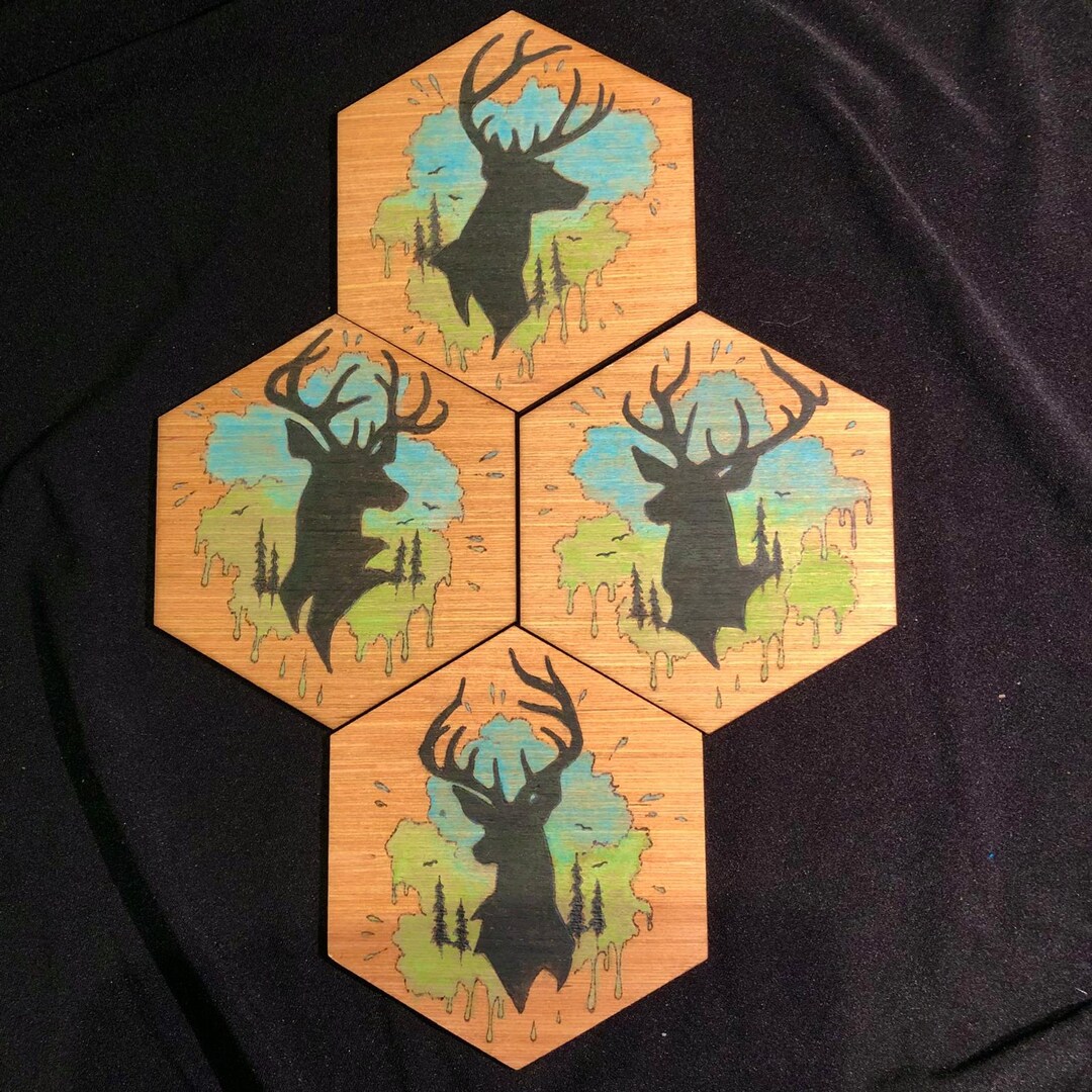 Stylised Stag Head Silhouette Coaster Set Coaster Gift Set, Pyrography ...