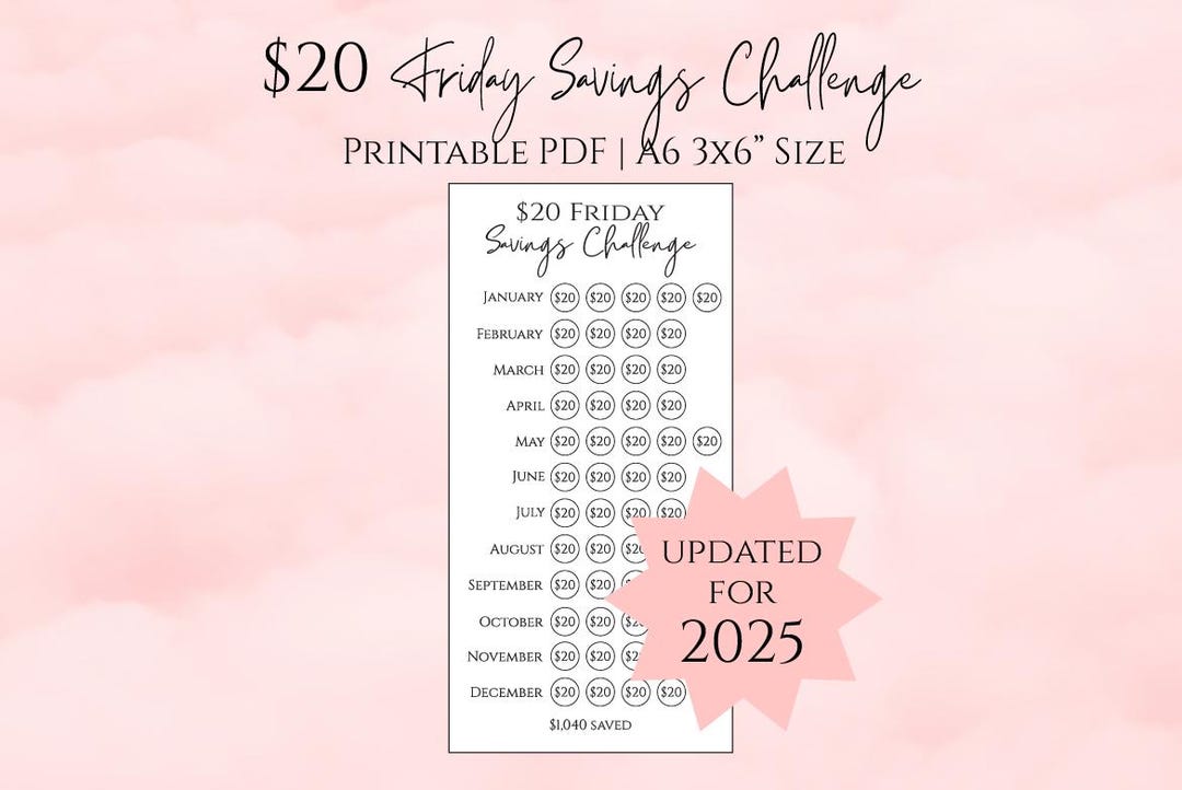 20 Dollar Friday Savings Challenge Printable, Friday Savings 2025 ...