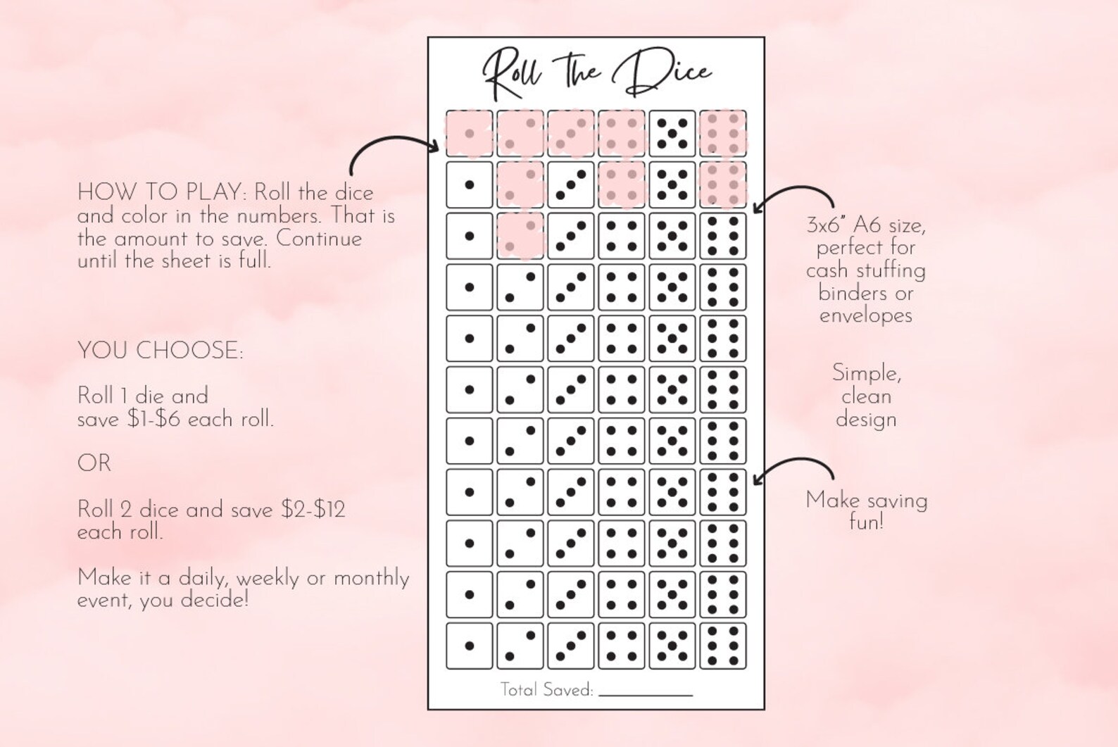 Roll the Dice Savings Challenge Printable, Money Challenge, A6 3x6 ...