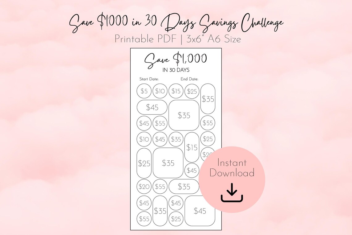 Save 1000 in 30 Days Savings Challenge, A6 3x6 Saving Tracker, 1000 ...