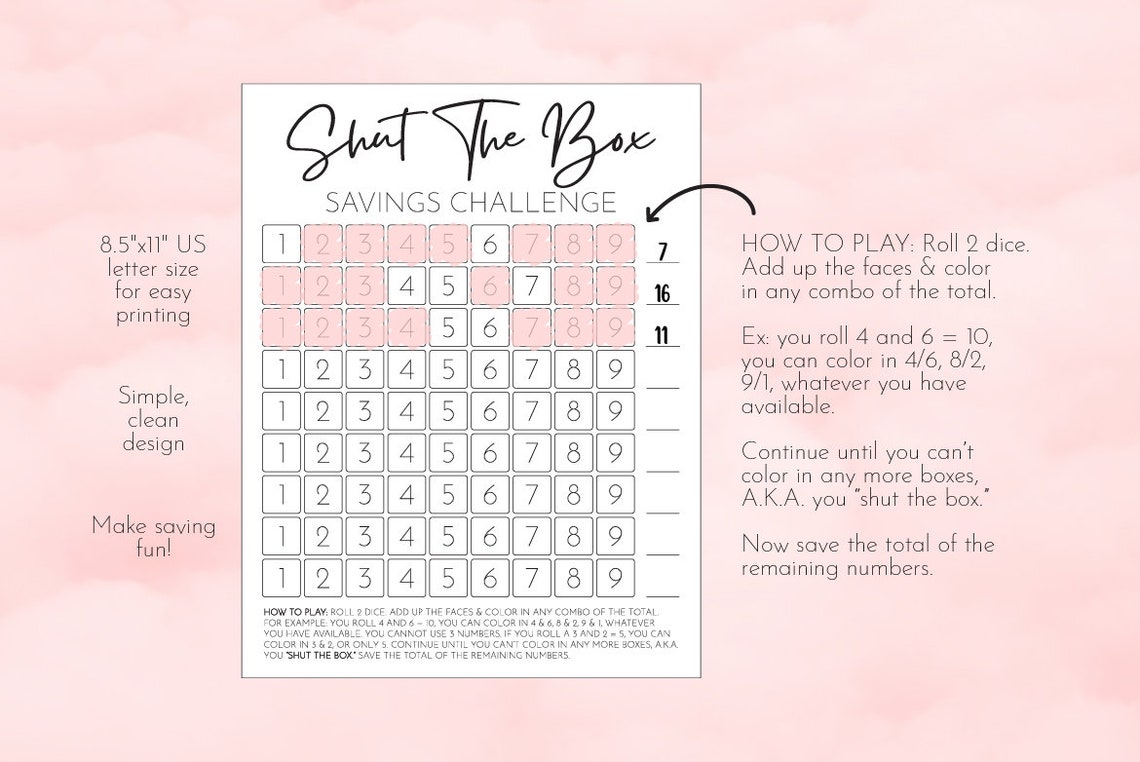 Shut the Box Savings Challenge, Savings Challenge Printable, Money ...