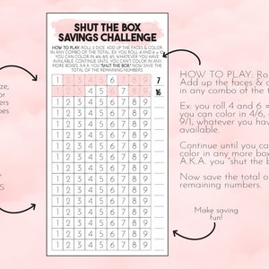 Shut the Box Savings Challenge, Savings Challenge Printable, Money ...