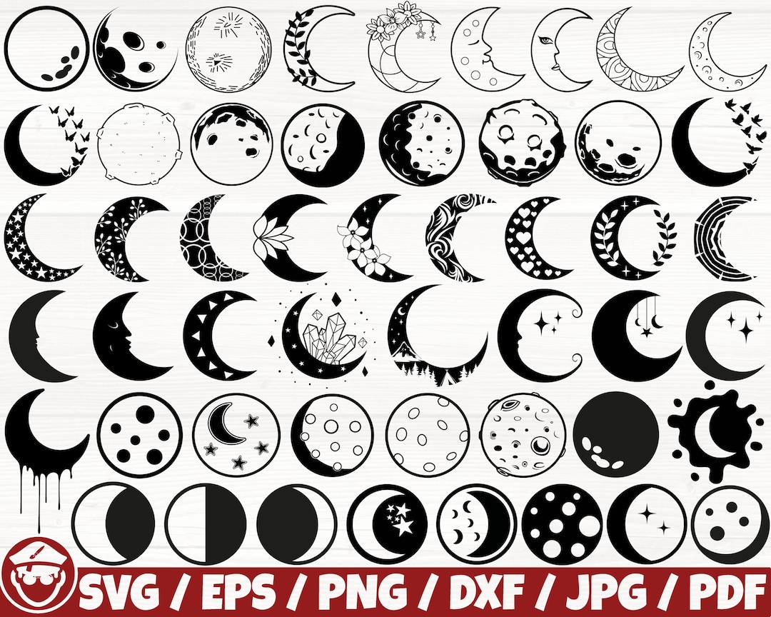 Moon X50 Bundle Svg Eps Png Dxf Pdf Boho Moon Svg Drawn Moon Svg